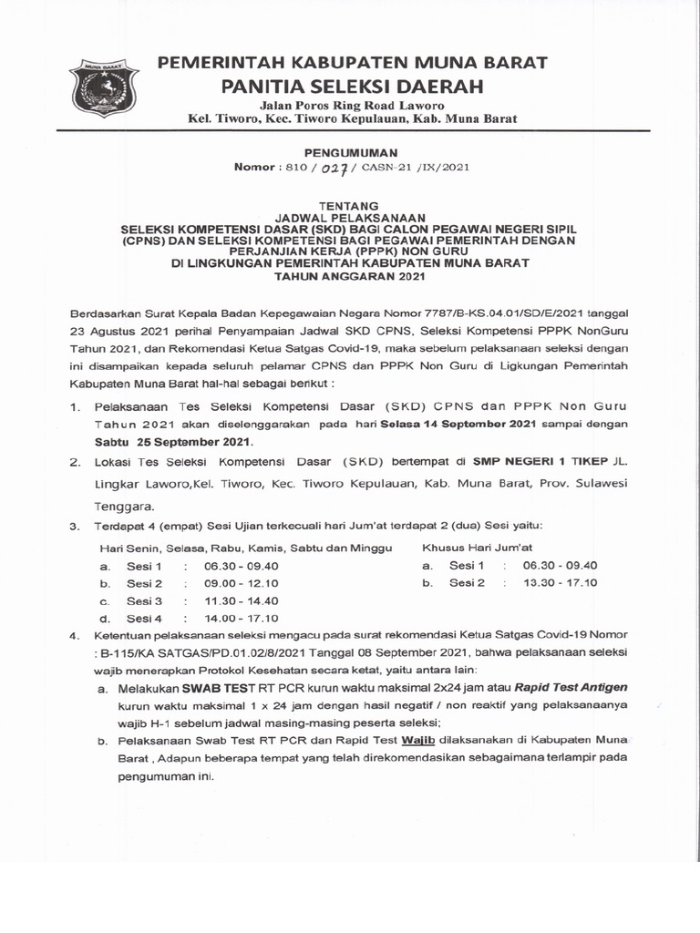 Pengumuman Jadwal Seleksi SKD CPNS PPPK 2021 OK | PDF