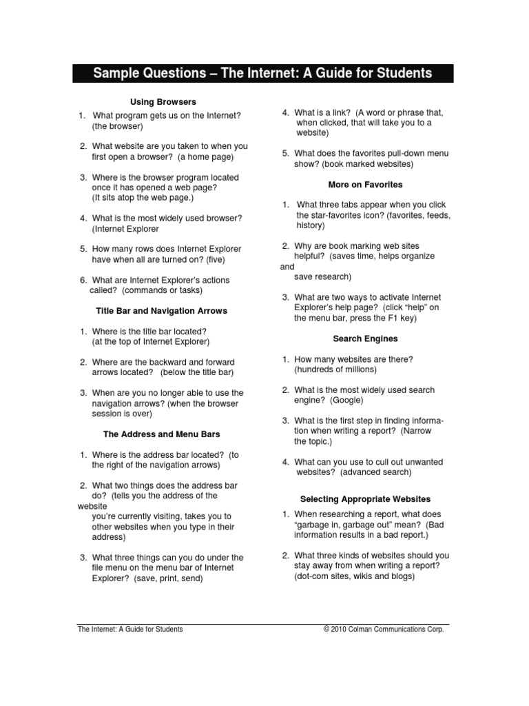 Sample Questions - The Internet: A Guide For Students: Using Browsers ...