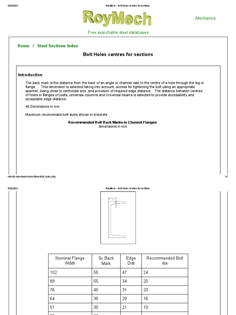 Recommended Bolt Hole Centers and Back Marks for Steel Sections | PDF ...