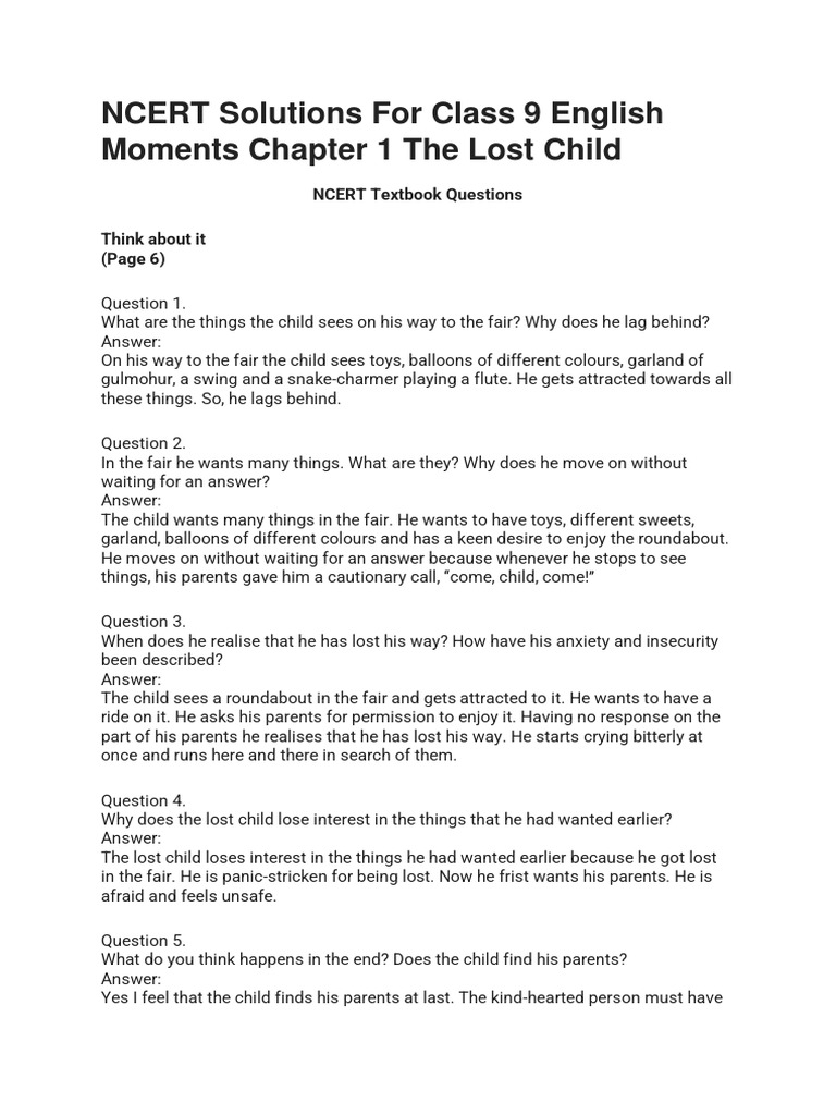 NCERT Solutions For Class 9 English Moments Chapter 1 The Lost Child | PDF