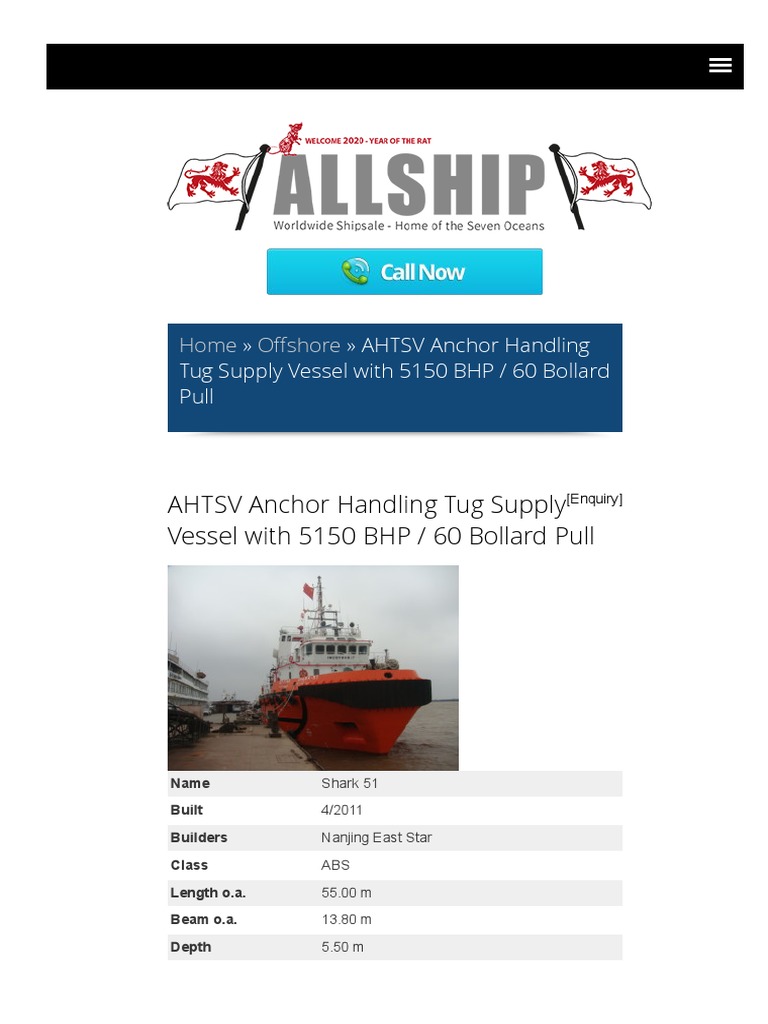 AHTSV Anchor Handling Tug Supply Vessel With 5150 BHP / 60 Bollard Pull ...