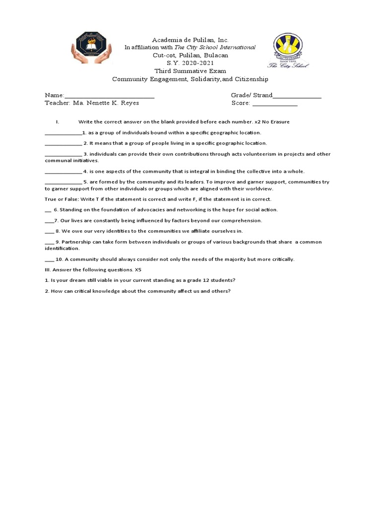 Community Engagement Third Summative Exam 2020-2021 | PDF
