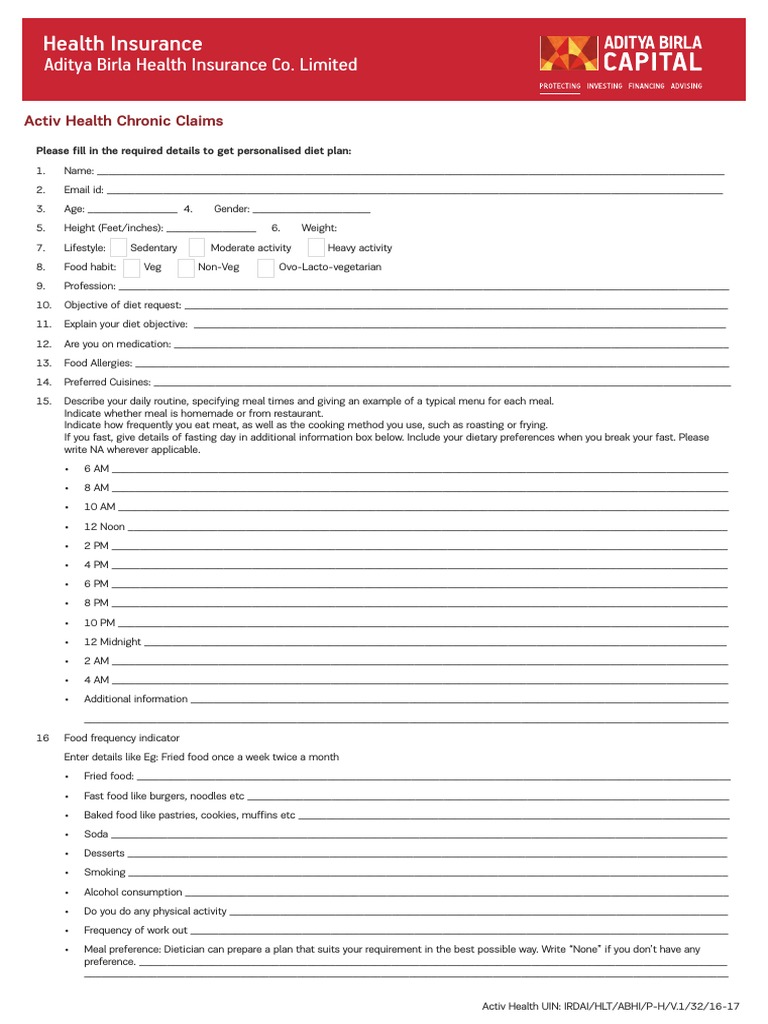 Active Health Diet Form | PDF | Meal | Foods