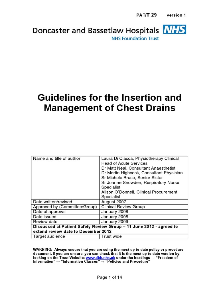 Guidelines For The Insertion and Management of Chest Drains: WWW - Dbh ...