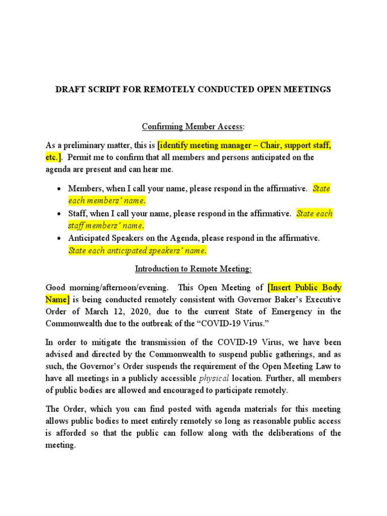 Draft Script For Remotely Conducted Open Meetings | PDF | Agenda ...