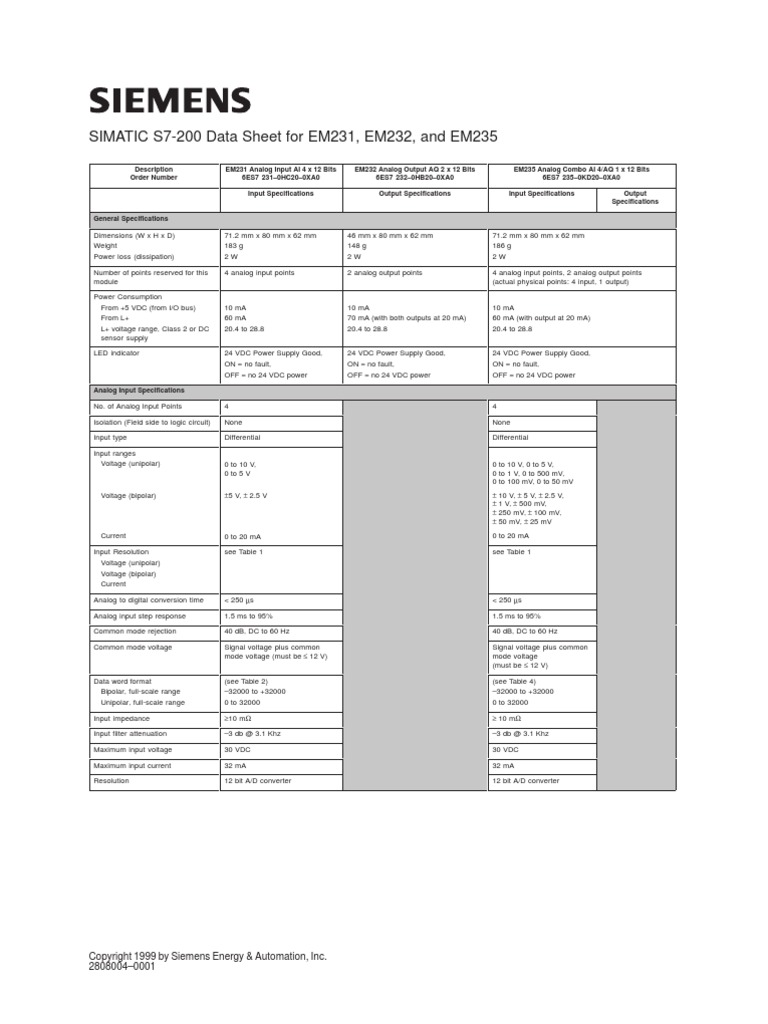 SIMATIC S7-200 Data Sheet For EM231, EM232, and EM235 | PDF | Power ...