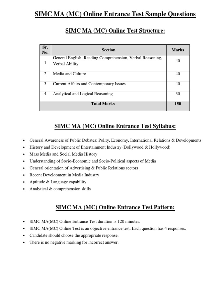 SIMC MA (MC) Entrance Test Overview | PDF | Employment | Lawyer