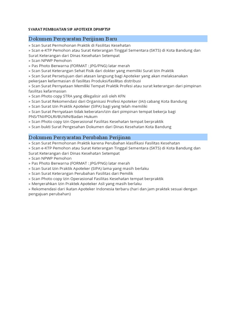 Syarat Pembuatan Sip Apoteker DPMPTSP | PDF