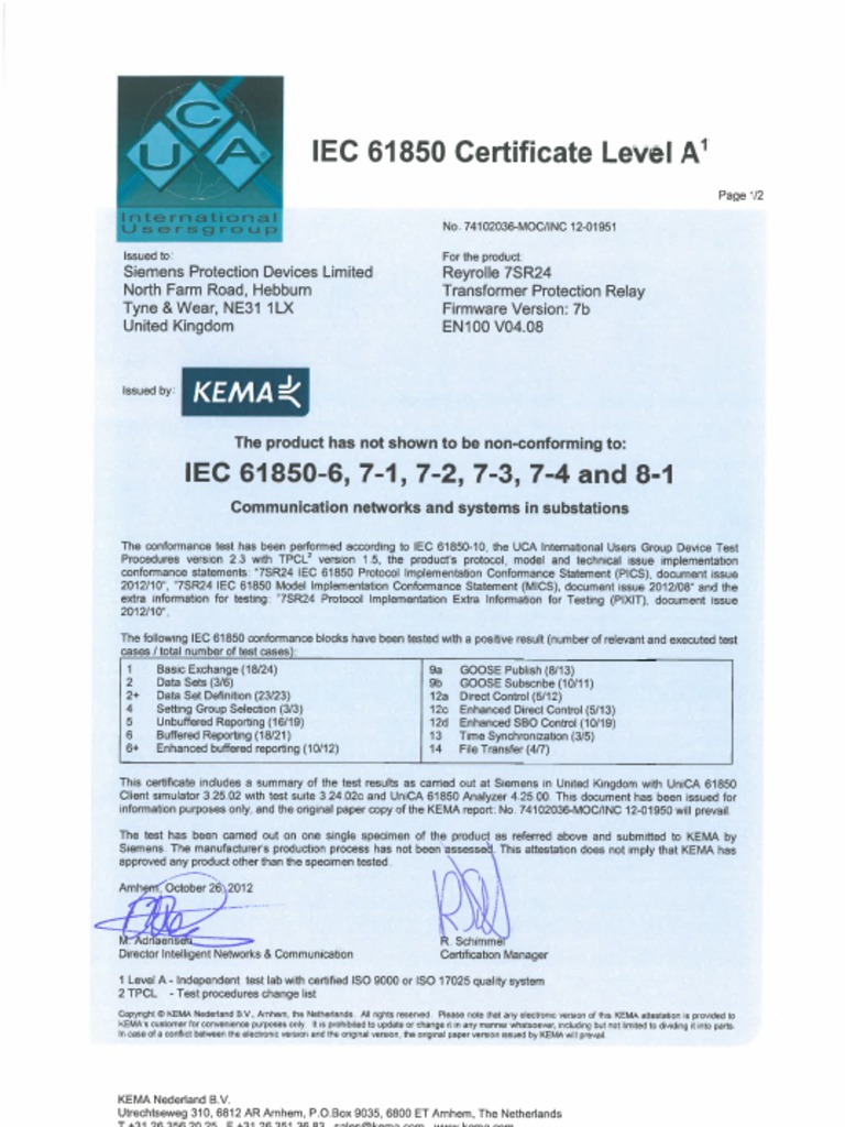7SR24 IEC 61850 - KEMA Certificate Edition 1 | PDF