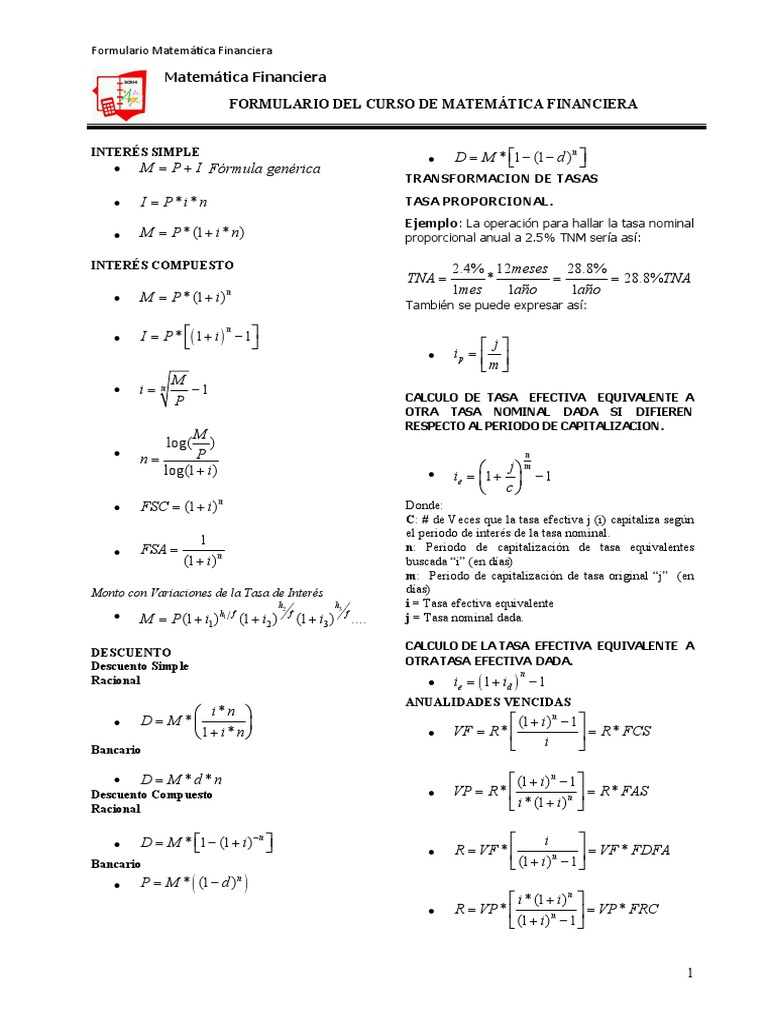 Formulario Matemáticas Financiera | PDF | Finanzas Matemáticas ...