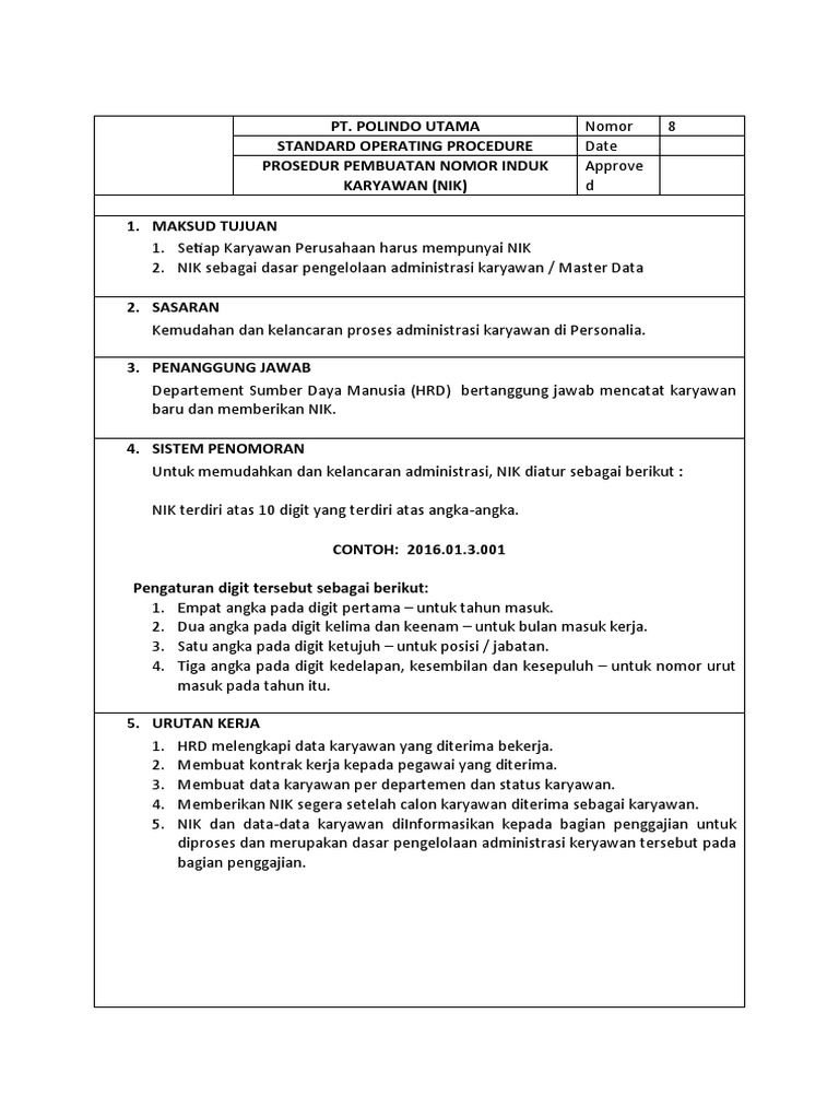 Prosedur Pembuatan Nomor Induk Karyawan (Nik) | PDF