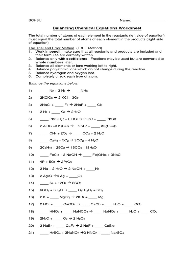 Unit 2 - Activity 3 - Balancing Chemical Equations Worksheet | PDF