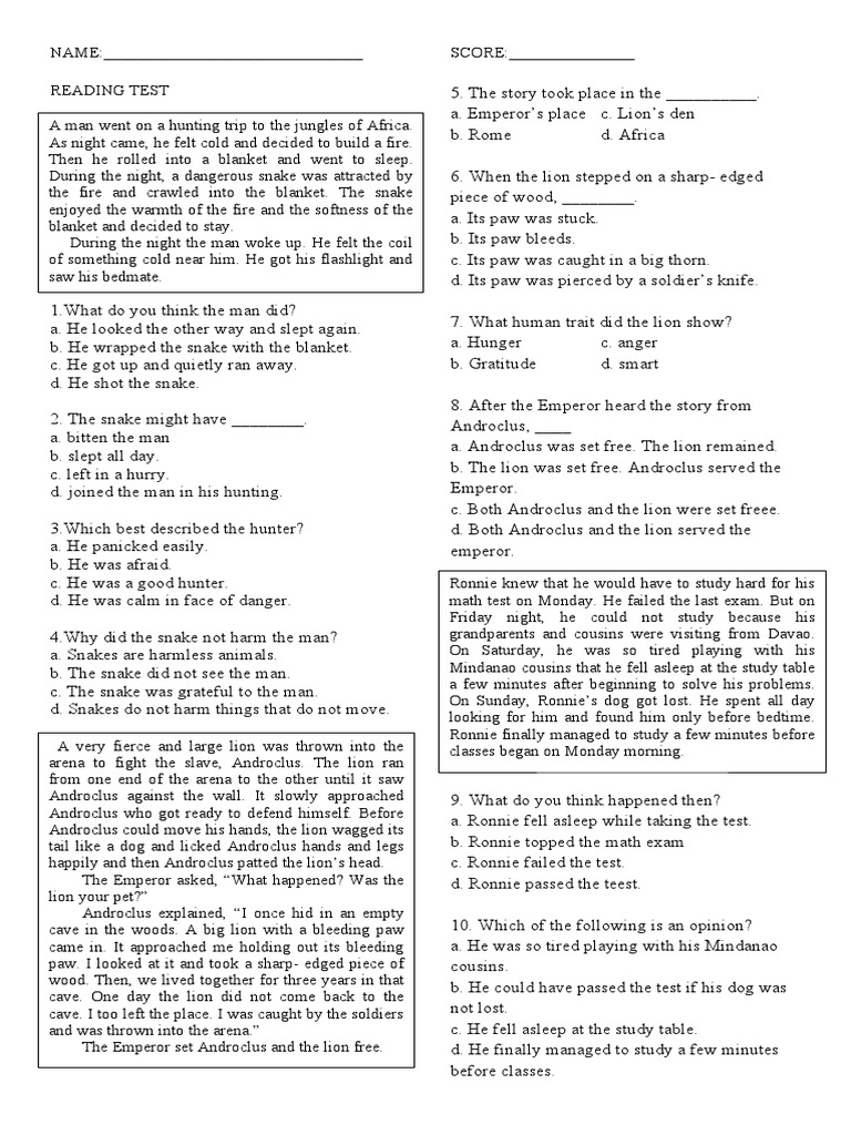 Reading Comprehension Test for Students | PDF
