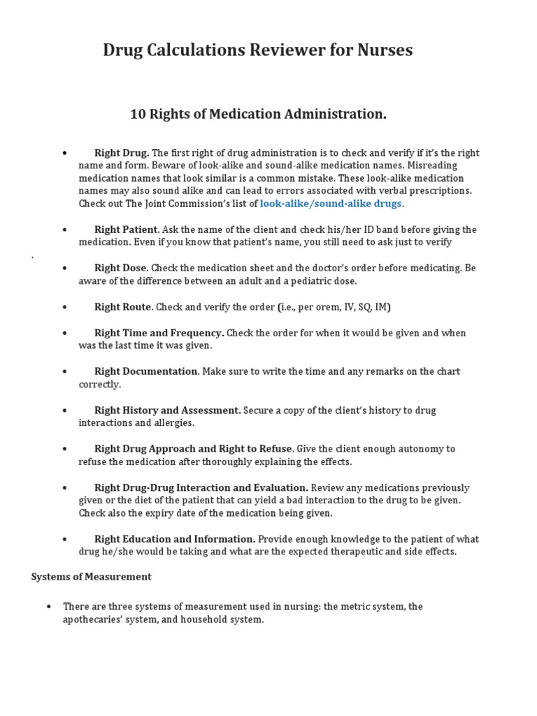 Drug Calculations Reviewer For Nurses | PDF | Grain (Unit) | Pound (Mass)