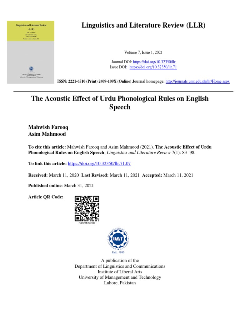 Linguistics and Literature Review (LLR) : Mahwish Farooq Asim Mahmood ...