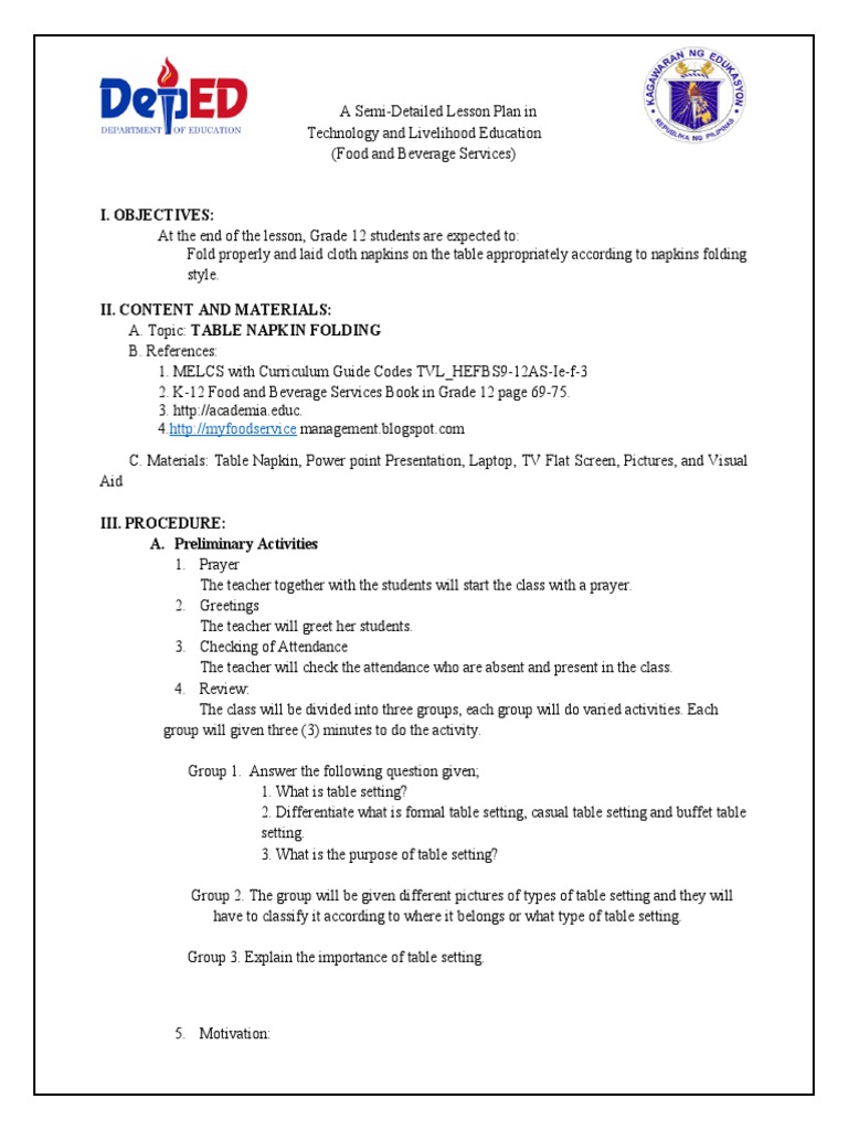 Napkin Folding Lesson Plan for Grade 12 | PDF | Rubric (Academic ...