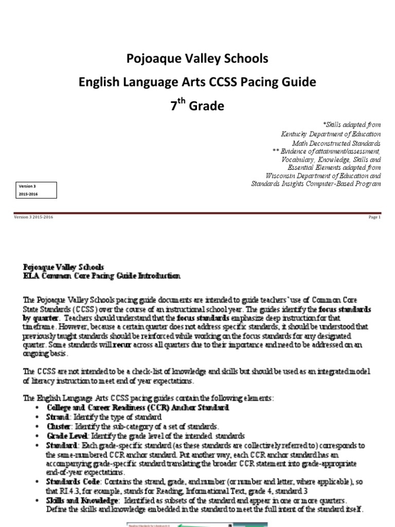 7th ELA Pacing Guide Version 3 | PDF | Poetry | Common Core State ...