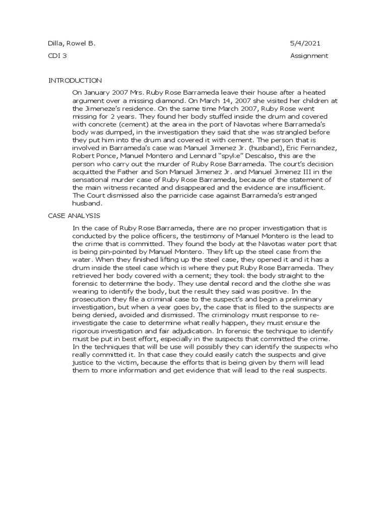 Murder of Ruby Rose Barrameda CDI Assignment | PDF | Forensic Science ...