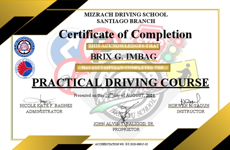 Practical Driving Course Completion Certificate | PDF