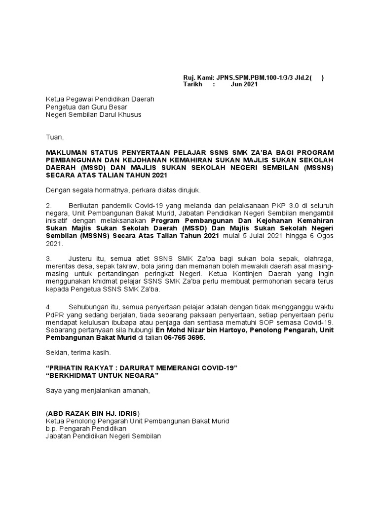 Surat Hebahan Penyertaan Pelajar Sekolah Sukan Kejohanan Atas Talian ...