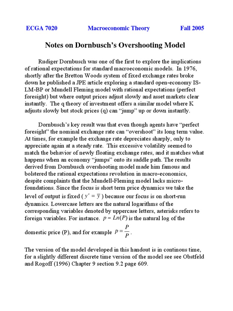 Notes On Dornbusch's Overshooting Model: ECGA 7020 Macroeconomic Theory ...