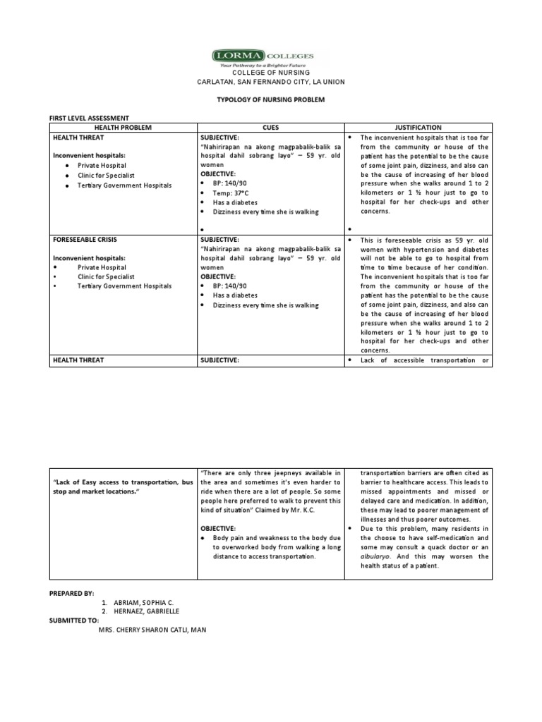Typology of Nursing Problem First Level Assessment Health Problem Cues ...