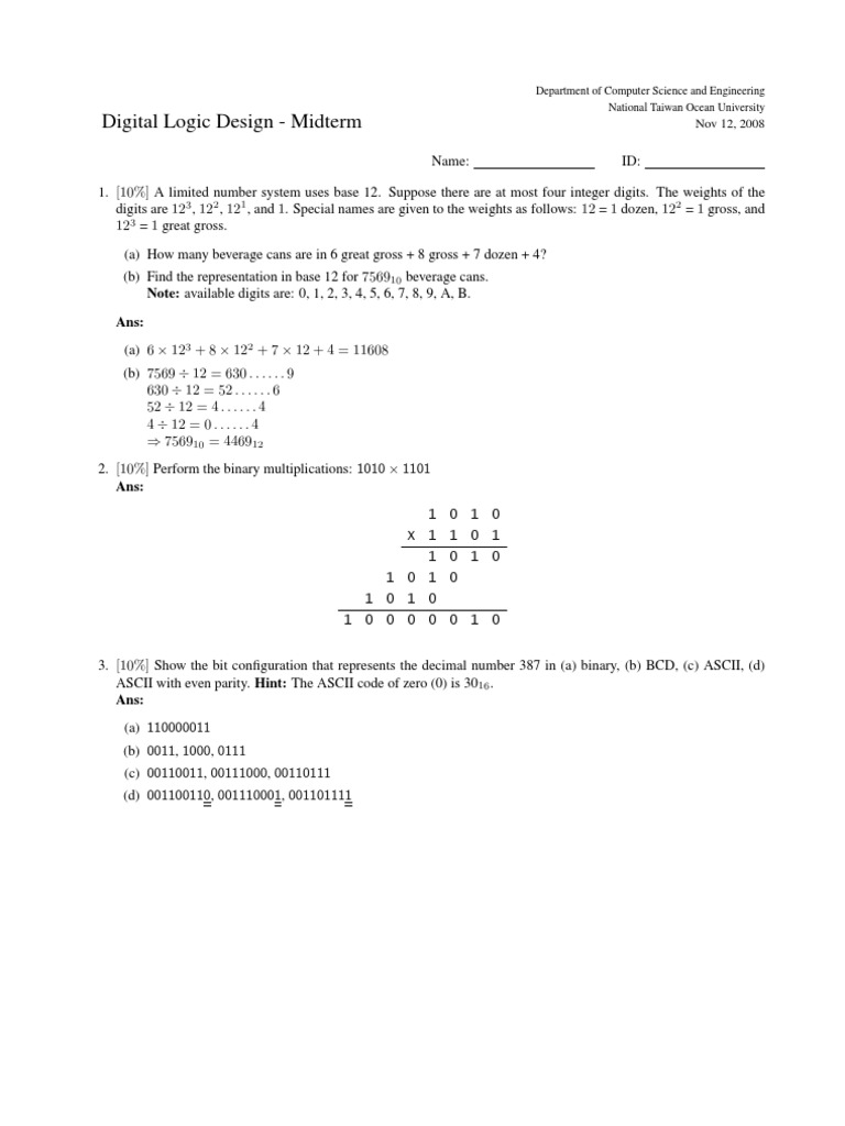 Digital Logic Design - Midterm: Department of Computer Science and Engineering National Taiwan ...
