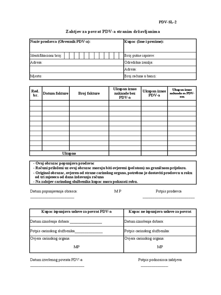 Obrazac PDV SL 2 | PDF