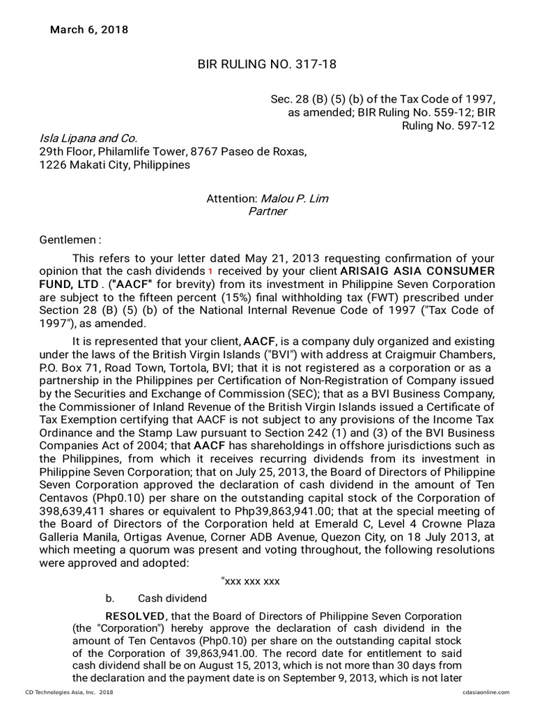 BIR Ruling 317-18: BVI Dividend Taxation | PDF | Dividend | Taxation In ...