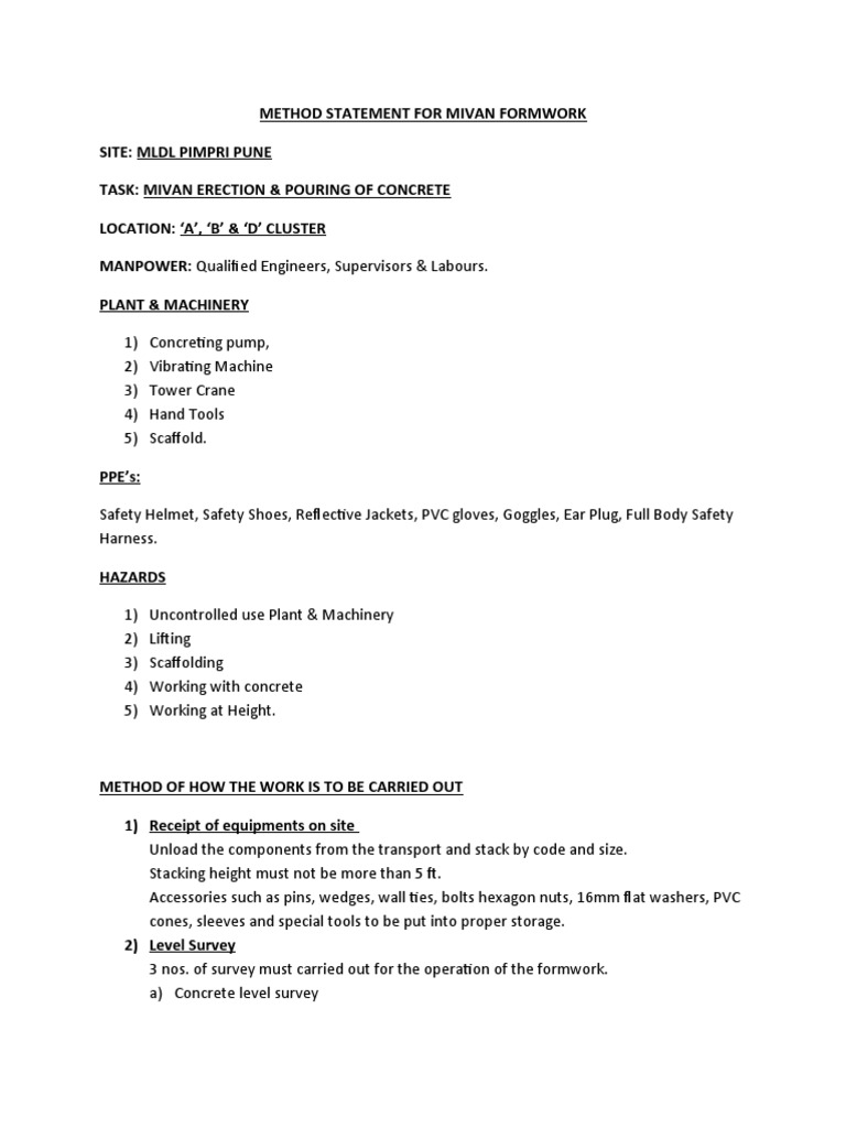 Mivan Formwork Method Statement | PDF | Concrete | Scaffolding