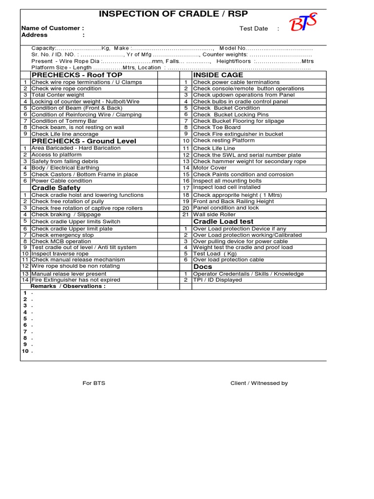 Cradle Check List | PDF | Machines | Equipment