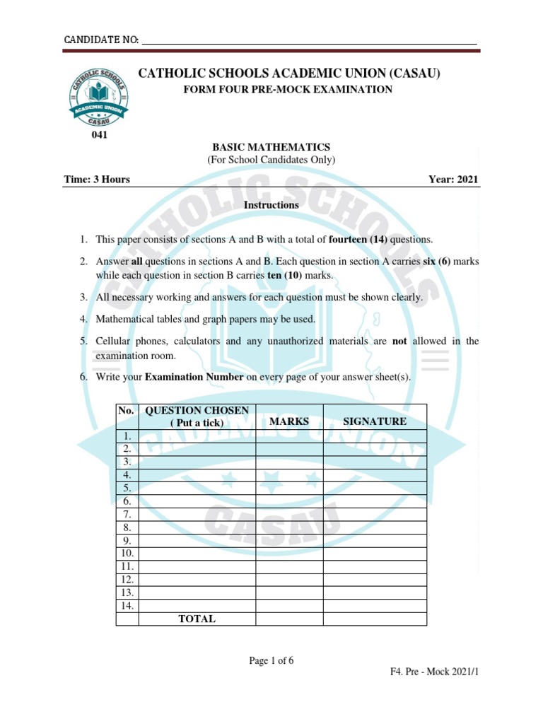 CASAU Form Four Pre-Mock Exam Maths Questions | PDF | Triangle ...