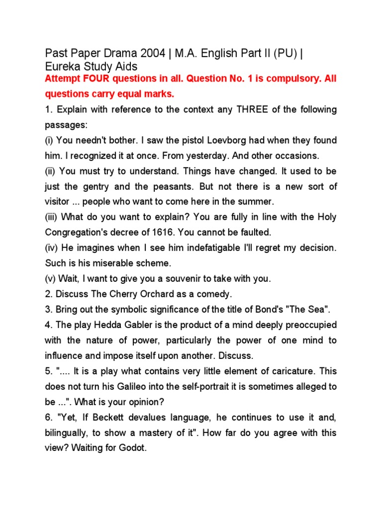 Past Paper of Drama 2004-2019 | PDF | Tragedy | Samuel Beckett