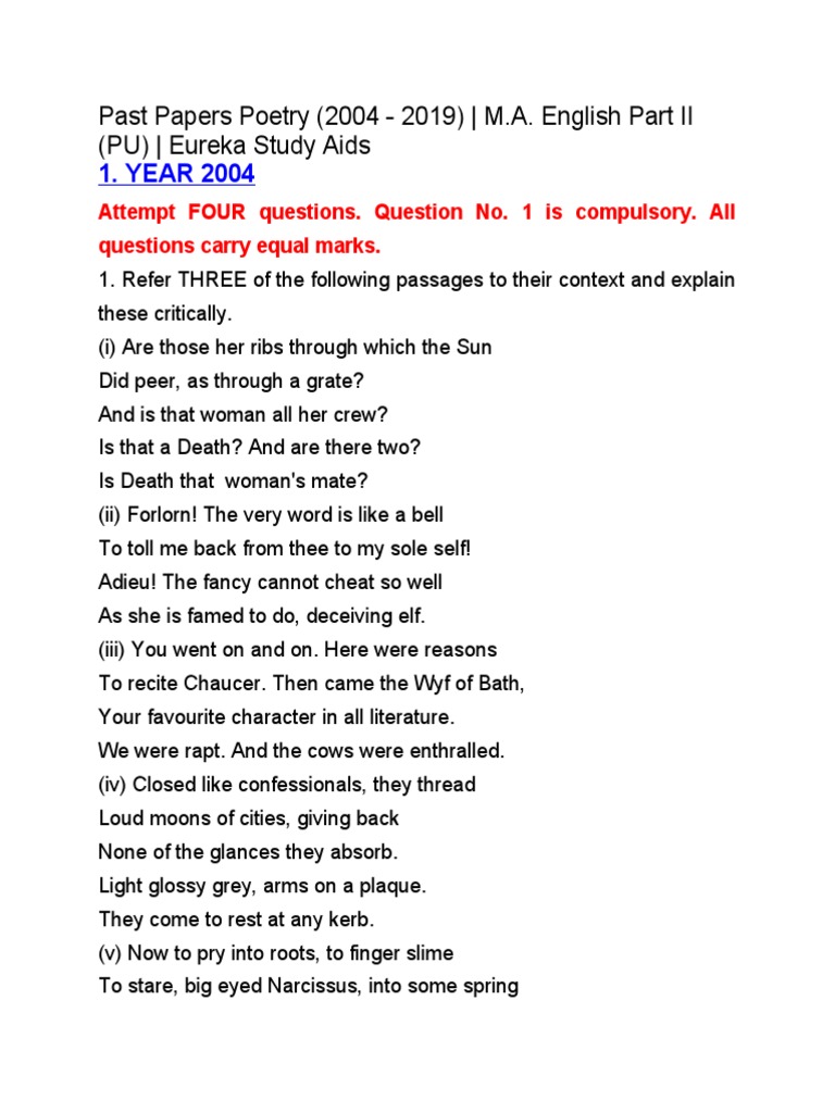 Past Paper of Poetry 2004 To 2019 | PDF | Poetry | John Keats