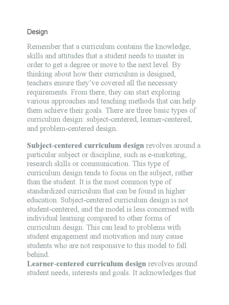Design: Subject-Centered Curriculum Design Revolves Around A | PDF