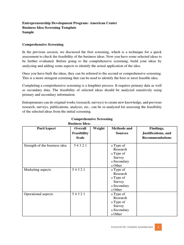 Comprehensive Business Idea Screening Guide | PDF | Entrepreneurship ...