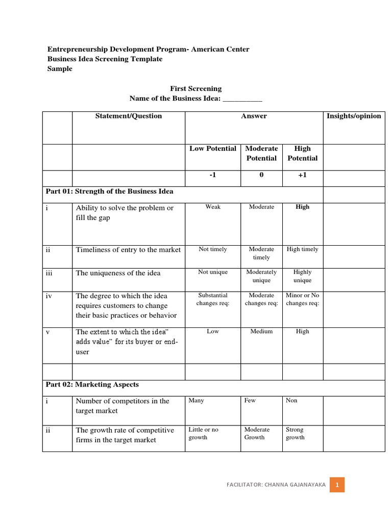 Business Idea Screening Checklist | PDF | Investing | Market (Economics)