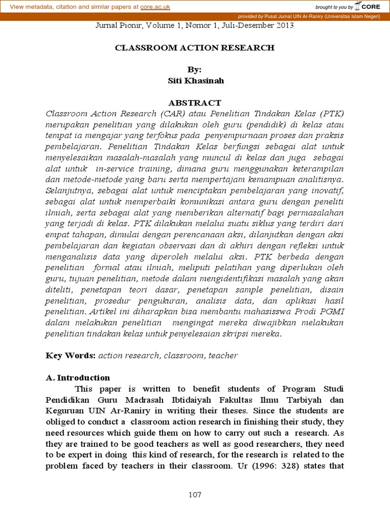 Classroom Action Research By: Siti Khasinah: Jurnal Pionir, Volume 1 ...