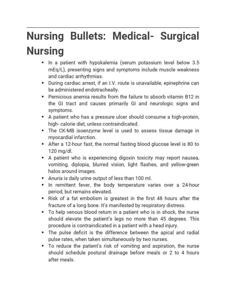 Medical Surgical Nursing 8 Bullets | PDF | Myocardial Infarction | Heart