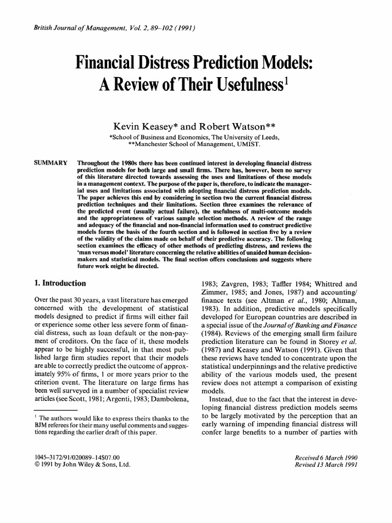 Financial Distress Prediction Models: A Review Their Usefulness' | PDF ...