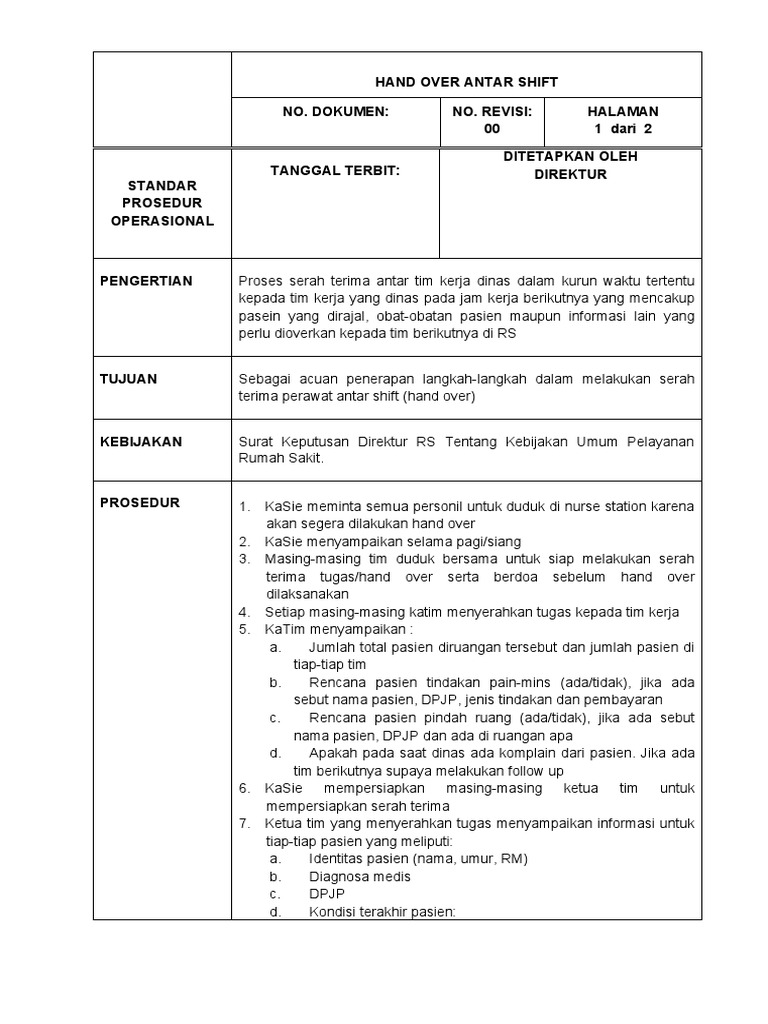 Sop Hand Over Antar Shift | PDF