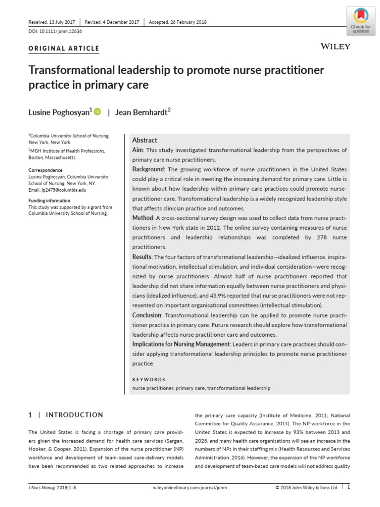 Transformational Leadership To Promote Nurse Practitioner Practice in ...