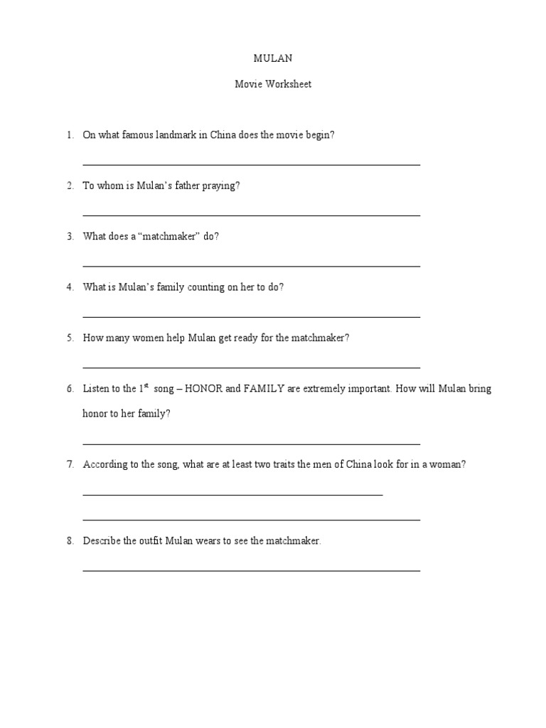 Mulan Movie Worksheets 1 | PDF
