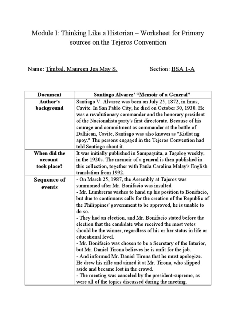 Module I: Thinking Like A Historian - Worksheet For Primary Sources On ...
