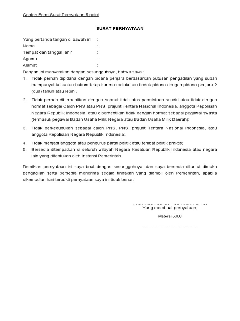 Contoh Surat Pernyataan 5 Poin CPNS | PDF