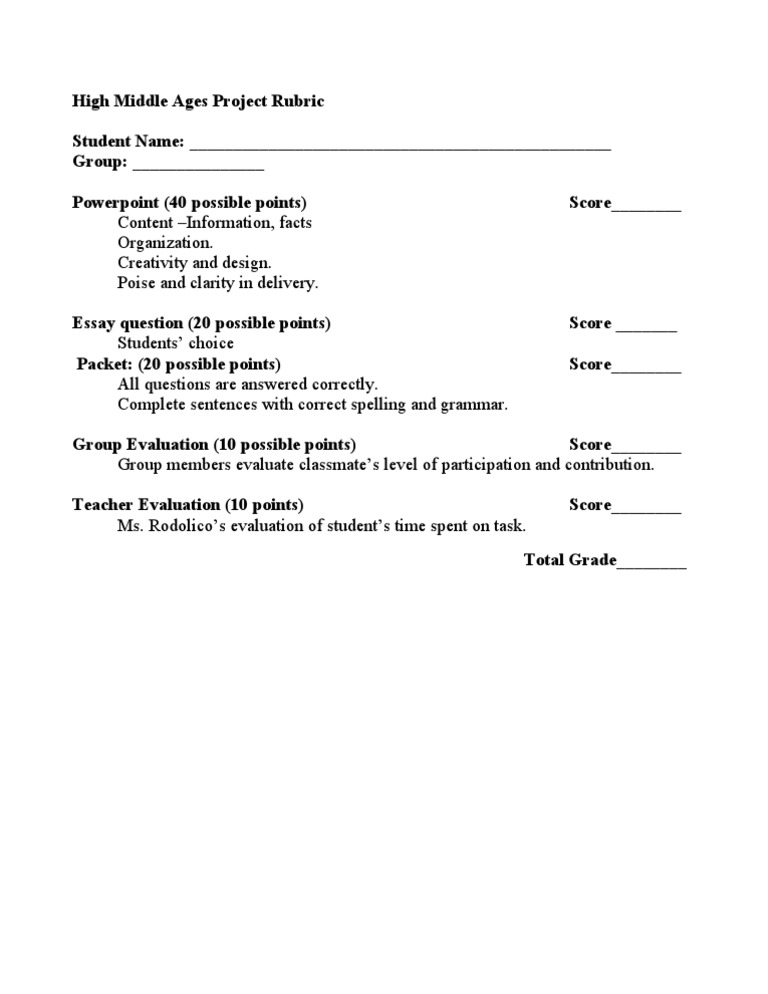 MIddle Ages PRoject Rubric | PDF | Rubric (Academic) | Learning