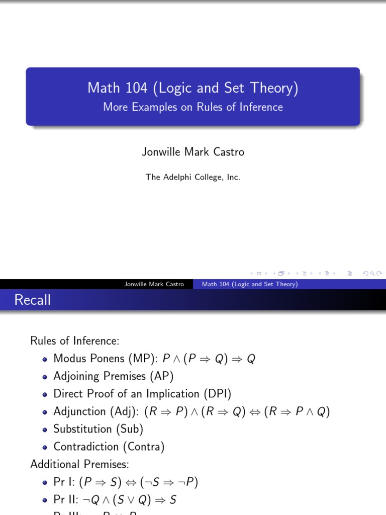 Math 104 Module 1 Beamer (Rules of Inference) | PDF | Inference | Metalogic