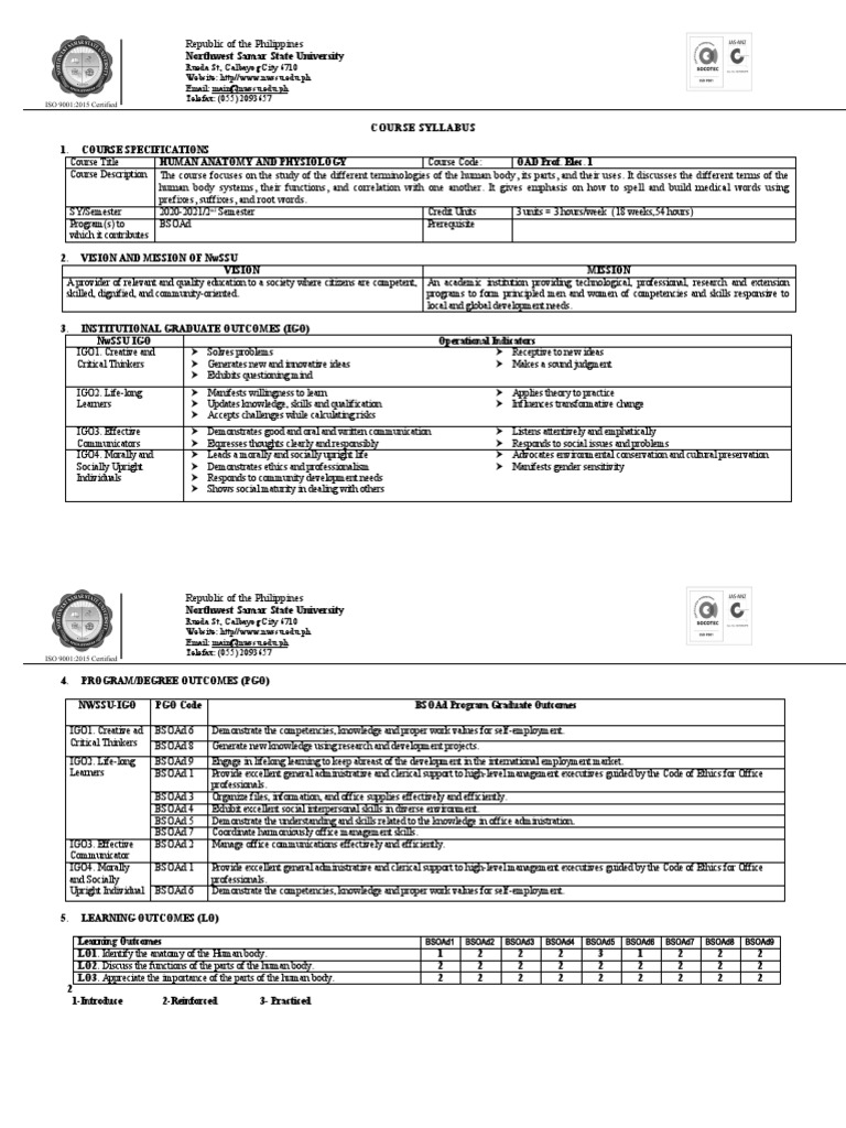 Human Anatomy and Physiology Syllabus. Allan Revised | PDF | Learning ...