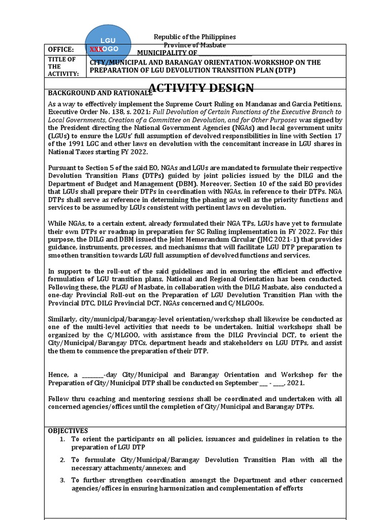 Proposed Activity Design For City Municipal Workshop On LGU DTP 4th To ...