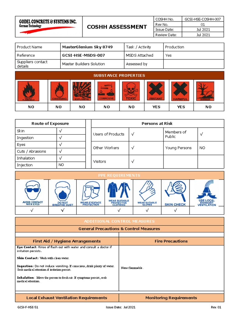 COSHH Assessment - MasterGlenium Sky 8749 | PDF | Determinants Of ...